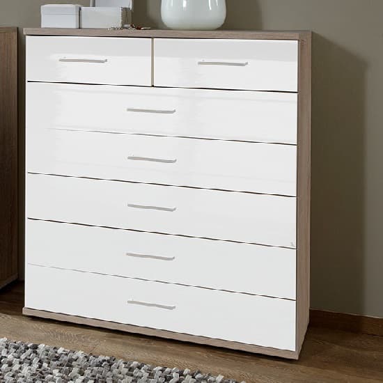 Alton Wide Chest of Drawers In High Gloss White And Oak | Furniture in ...
