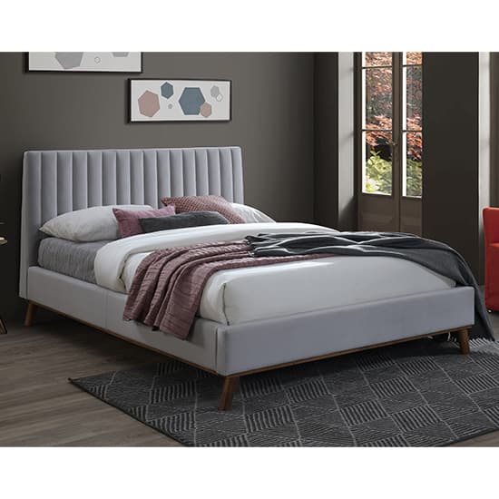 Adica Velvet Fabric Double Bed In Light Grey | Furniture in Fashion