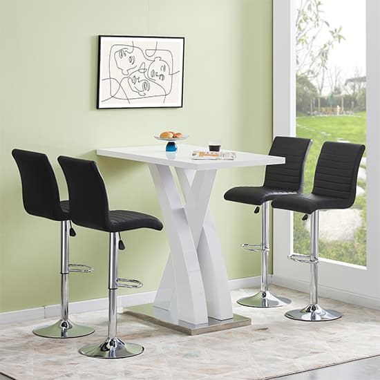 Axara White High Gloss Bar Table With 4 Ripple Black Stools | Furniture ...