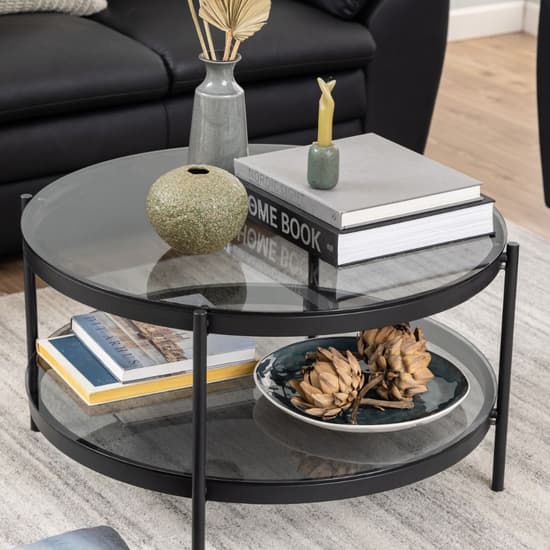 Bryan Smoked Glass Coffee Table Round With Black Metal Frame ...