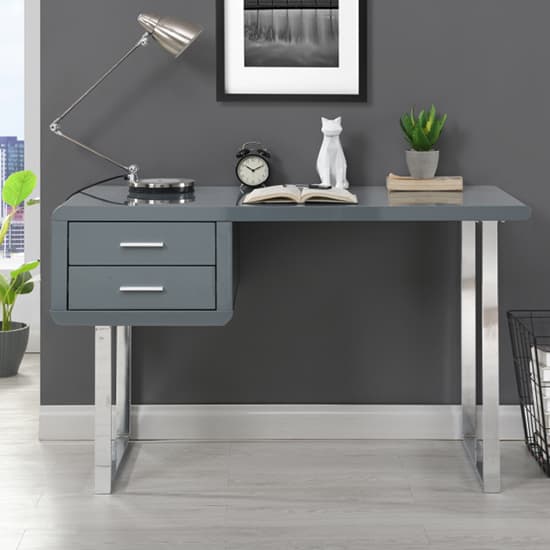 Carlo High Gloss Computer Desk In Grey With Chrome Legs | Furniture in ...