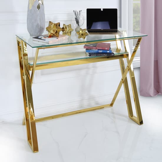 Dania Clear Glass Laptop Desk With Gold Stainless Steel Frame ...
