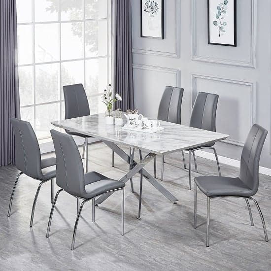 Deltino Magnesia Marble Effect Dining Table 6 Opal Grey Chairs ...