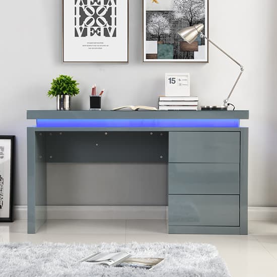 Emerson High Gloss Computer Desk In Grey With LED Lighting | Furniture ...