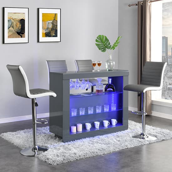 Fiesta Grey High Gloss Bar Table With 4 Ritz Grey White Stools ...