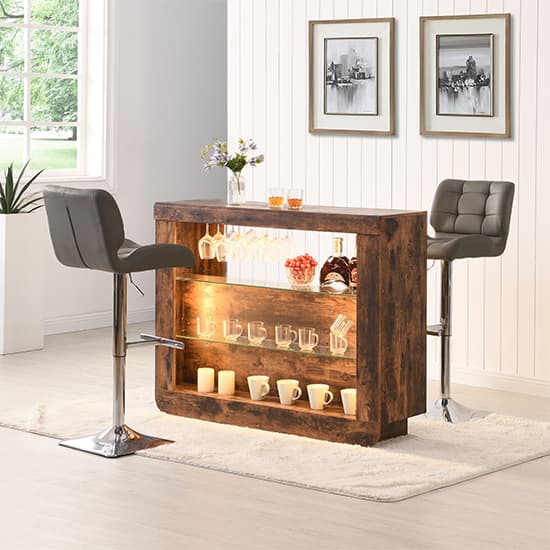 Fiesta Rustic Oak Bar Table Unit With 2 Candid Grey Stools | Furniture ...