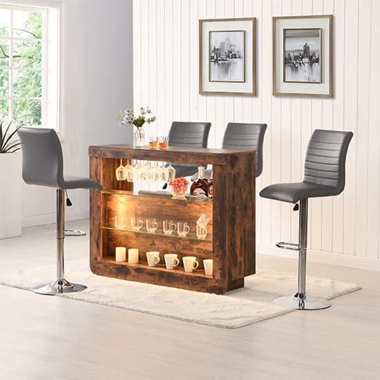 Fiesta Rustic Oak Bar Table Unit With 4 Ripple Grey Stools | Furniture ...
