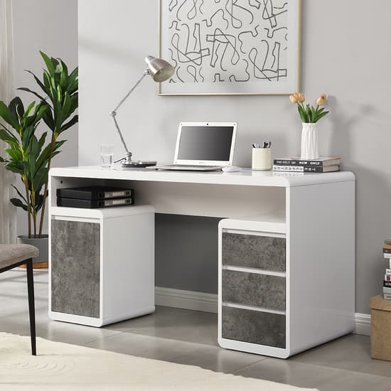 Florentine High Gloss Computer Desk In White And Concrete Effect ...