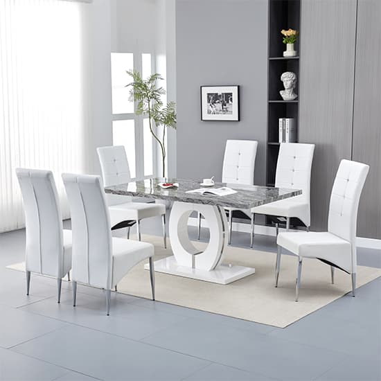 Halo Melange Marble Effect Dining Table 6 Vesta White Chairs | Furniture in Fashion