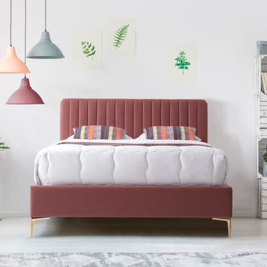 Lenox Velvet Fabric King Size Bed In Blush With Gold Metal Legs ...