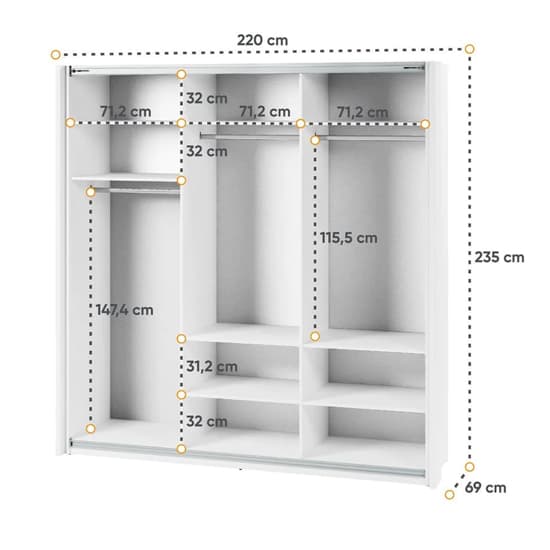 Madrid Wardrobe 220cm With 3 Sliding Doors In White And LED | Furniture ...
