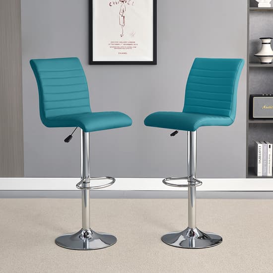 Ripple Teal Faux Leather Bar Stools With Chrome Base In Pair ...