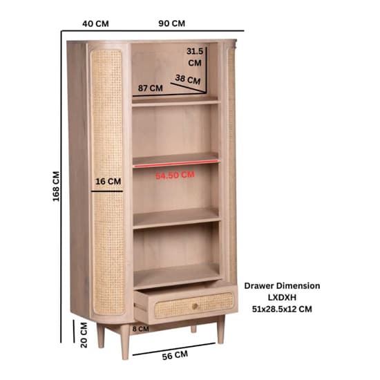 Varese Cane And Mango Wood Bookcase 3 Shelves 1 Drawer In Oak ...