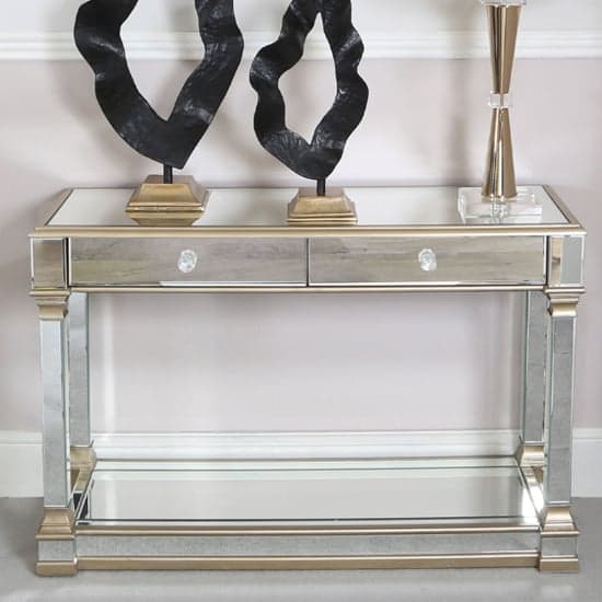 Asbury Mirrored Console Table With 2 Drawers In Champagne Furniture in Fashion