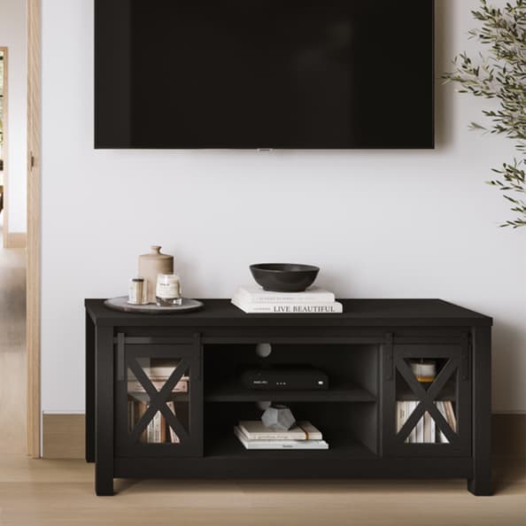 Clive Wooden TV Stand With 2 Doors In Black | Furniture in Fashion