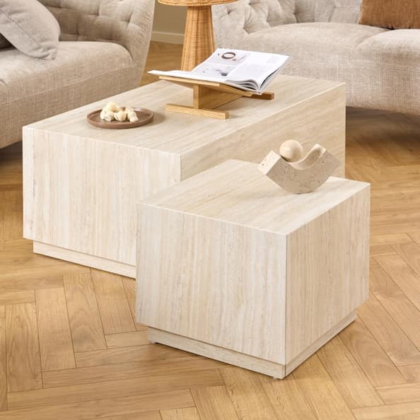 Delft Wooden Nesting Coffee Tables In Travertine
