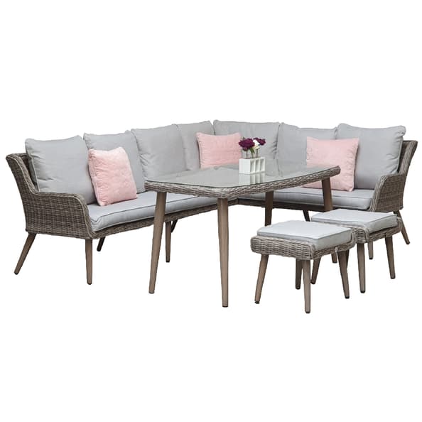Deven Glass Top Garden Sofa Dining Set With 2 Ottomans In Grey