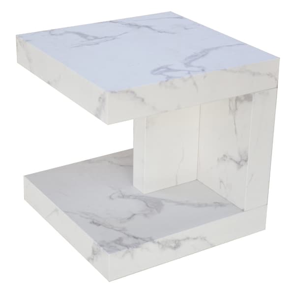 Marina Wooden Square End Table In White Marble Effect
