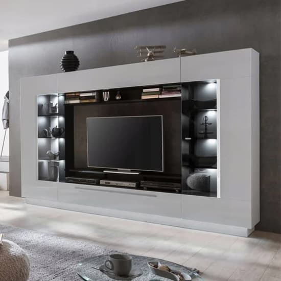 Salina High Gloss Entertainment Unit In White With LED Lighting ...