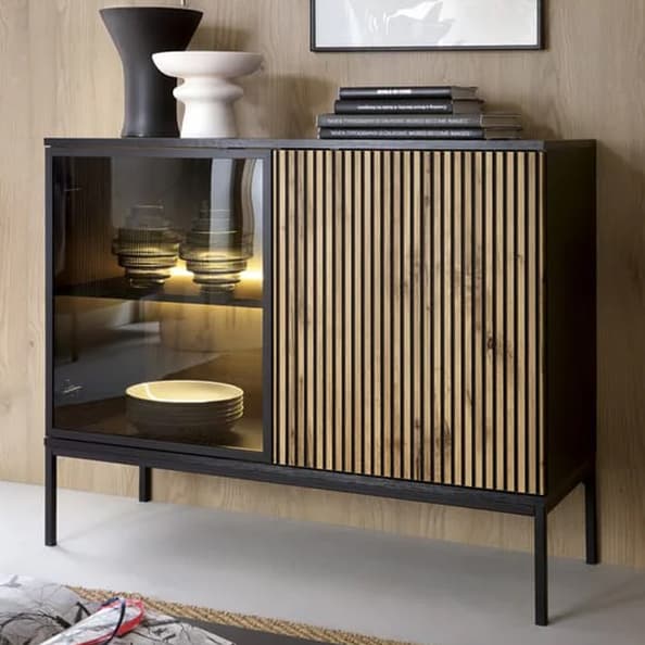 Selma Wooden Display Cabinet With 2 Doors In Black And Wotan Oak ...