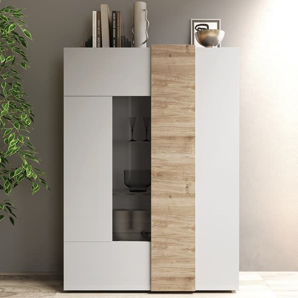 Venice White High Gloss Display Cabinet 2 Doors In Cadiz Oak