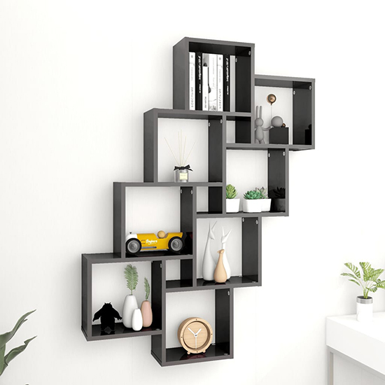 Alexey High Gloss Cube Design Wall Shelf In Grey