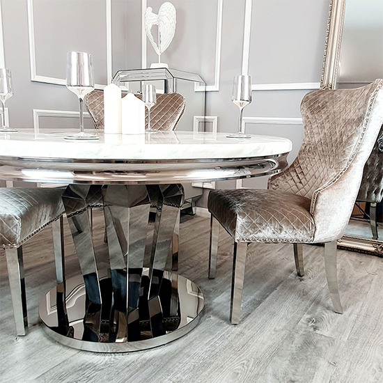 Avila Round White Marble Dining Table With Polished Base | Furniture in Fashion