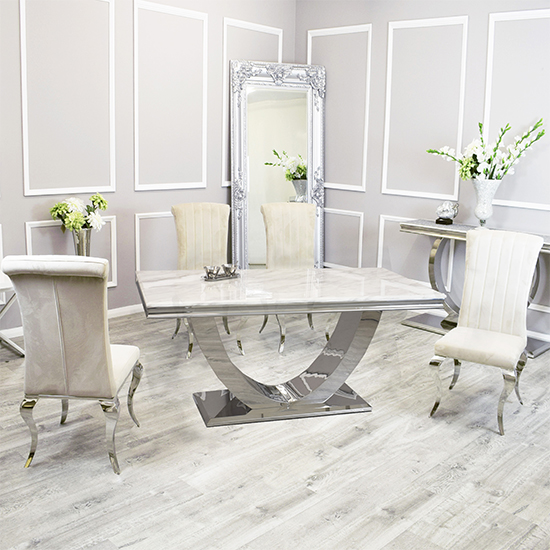 Avon Ivory Smoke Marble Dining Table With 4 North Cream Chairs ...