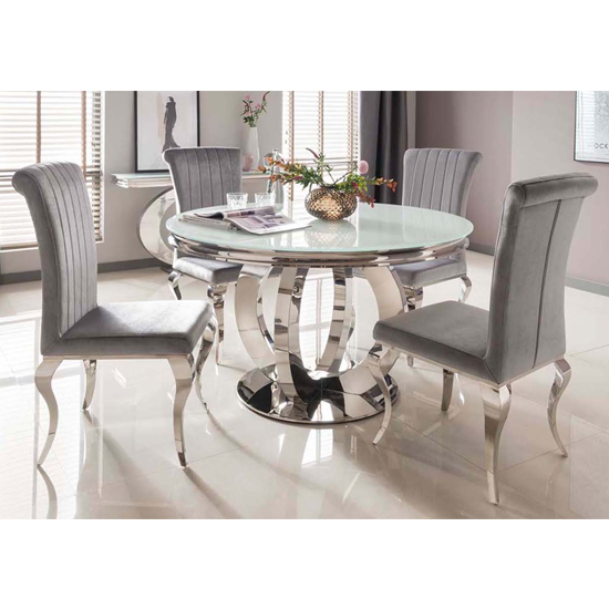 Barney White Glass Dining Table With 4 Galvan Silver Chairs | Furniture ...