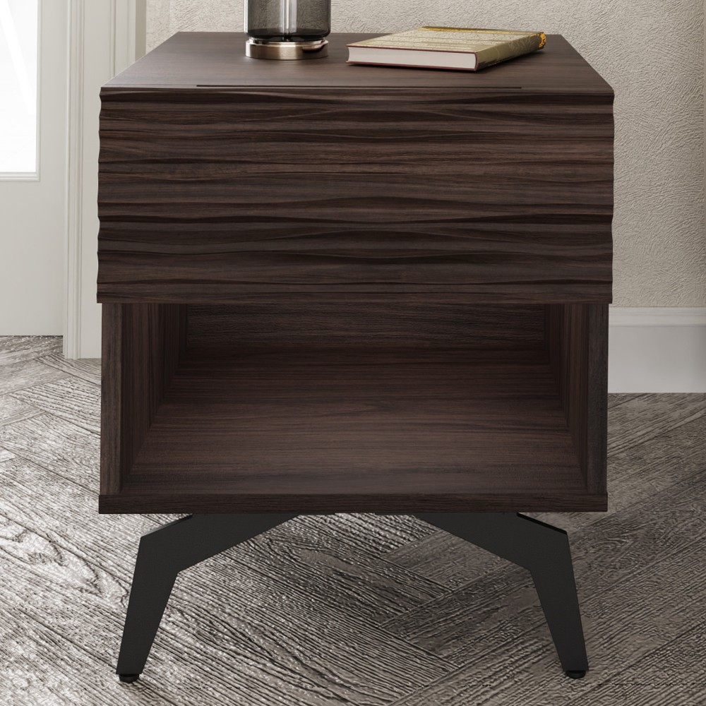 Basalt Wooden Lamp Table With 1 Drawer In Dark Walnut