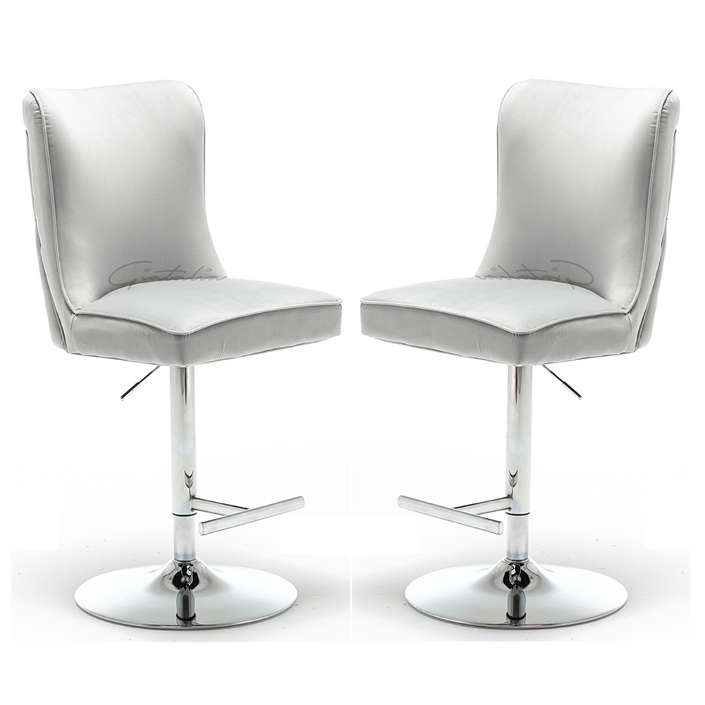 Bellvue Light Grey Velvet Bar Stools With Chrome Base In Pair ...