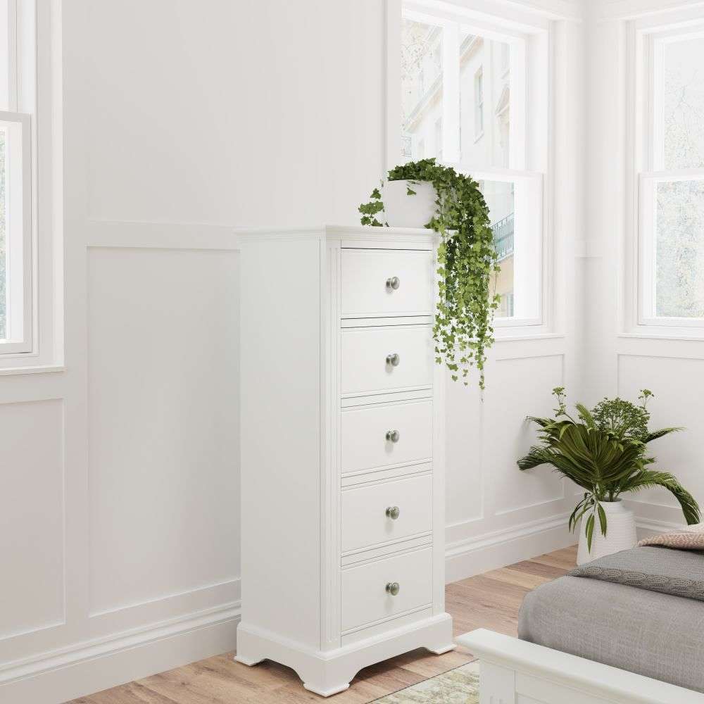 Belton Wooden Chest Of 5 Drawers Narrow In White | Furniture in Fashion