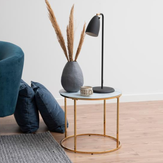 Bemid White Marble Effect Glass Side Table With Gold Frame