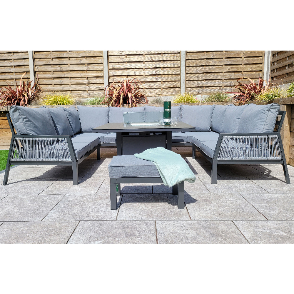 Bessie Glass Top U Shaped Garden Seating Set With Fire Pit In Grey