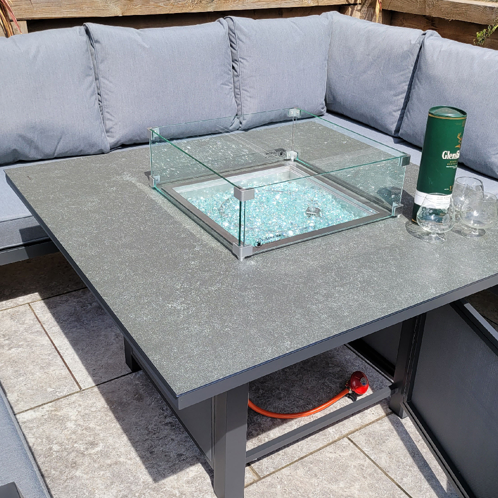 Bessie Glass Top U Shaped Garden Seating Set With Fire Pit In Grey