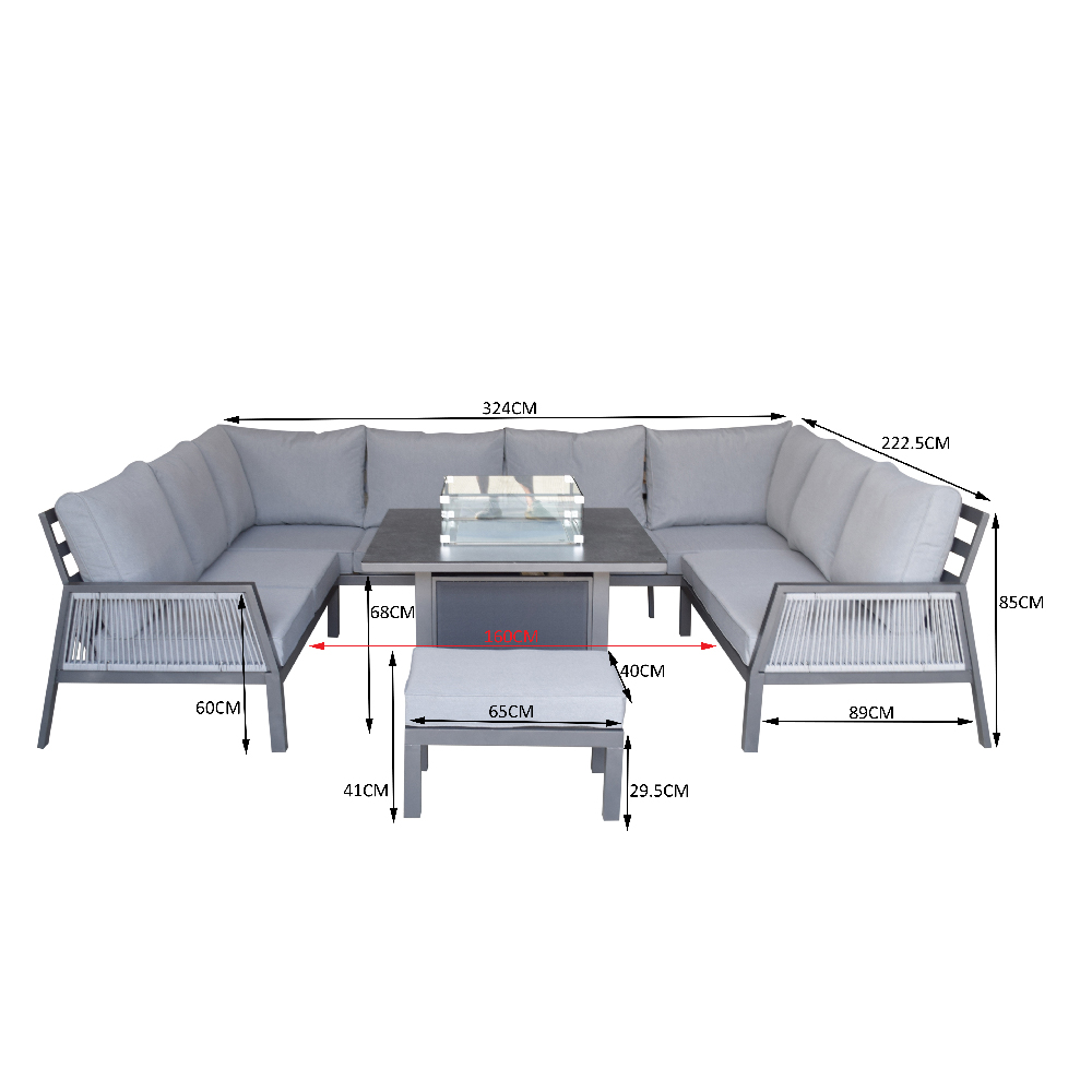 Bessie Glass Top U Shaped Garden Seating Set With Fire Pit In Grey