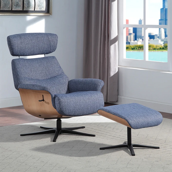Biella Fabric Swivel Recliner Chair And Stool In Denim