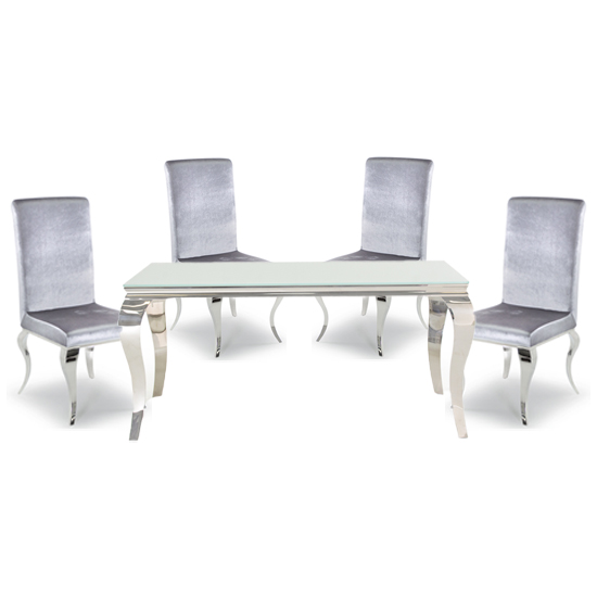 Bolero White Glass Dining Table With 4 Silver Chair | FiF