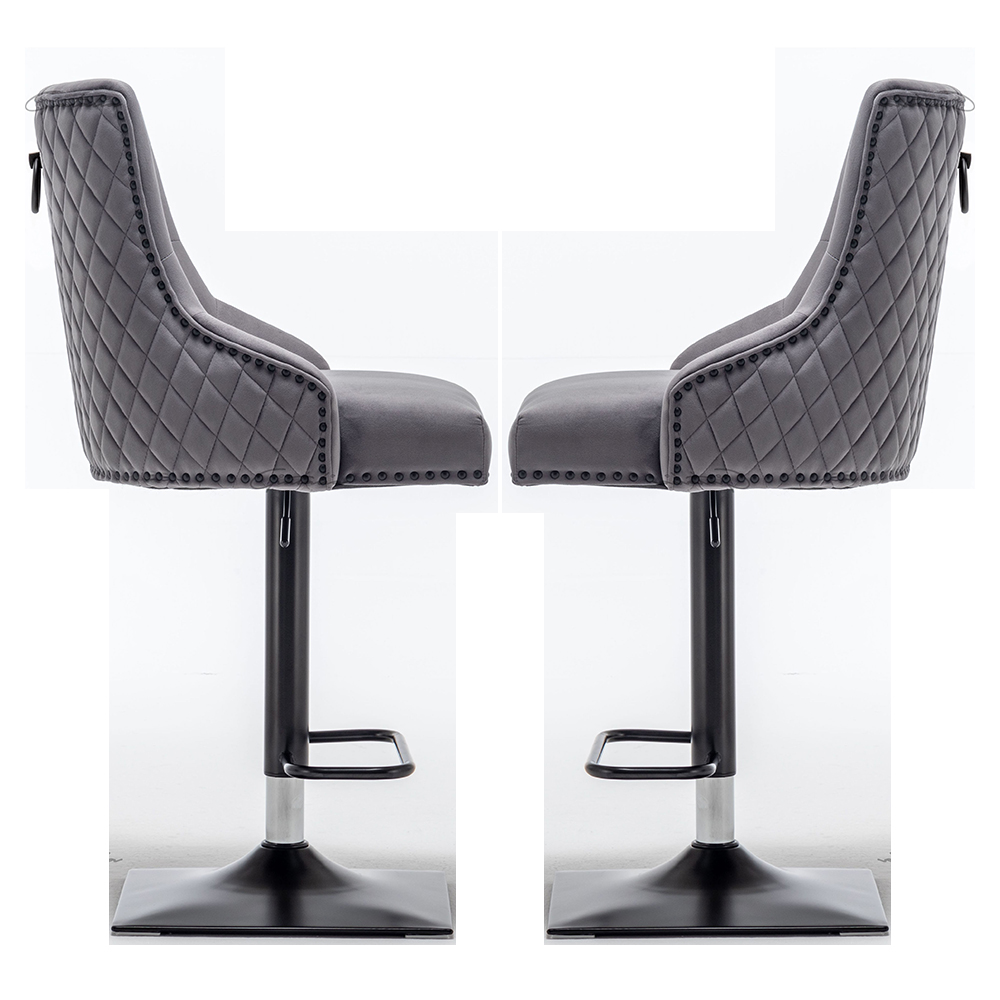 Camarillo Dark Grey Velvet Bar Stools With Black Base In Pair