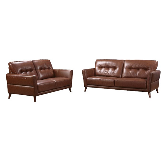 Celina Leather 3+2 Seater Sofa Set In Saddle With Tapered Legs