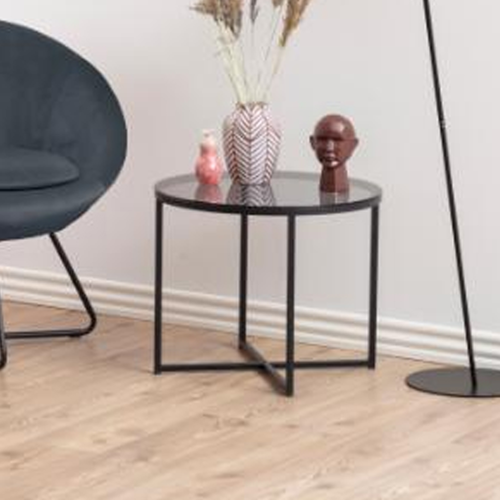 Coeur Smoked Glass Round Side Table With Black Frame
