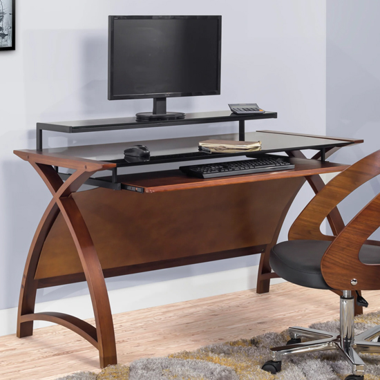 Cohen Curve Computer Desk Large In Black Glass Top And Walnut ...