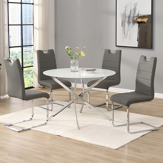 Daytona Round Diva Glass Dining Table 4 Petra Grey Chairs