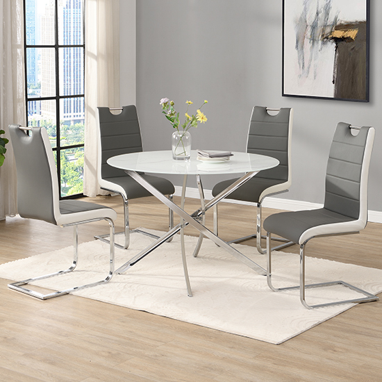 Daytona Round Diva Glass Dining Table 4 Petra Grey White Chairs