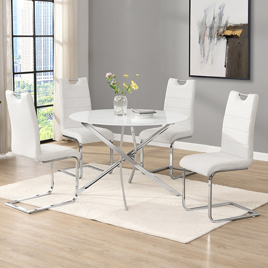 Daytona Round Diva Glass Dining Table 4 Petra White Chairs