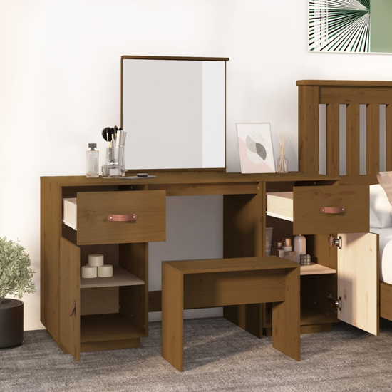Doria Pine Wood Dressing Table With Mirror In Honey Brown | Furniture ...