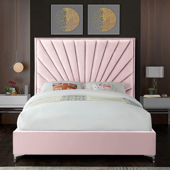 Einod Plush Velvet Upholstered Double Bed In Pink | Furniture in Fashion