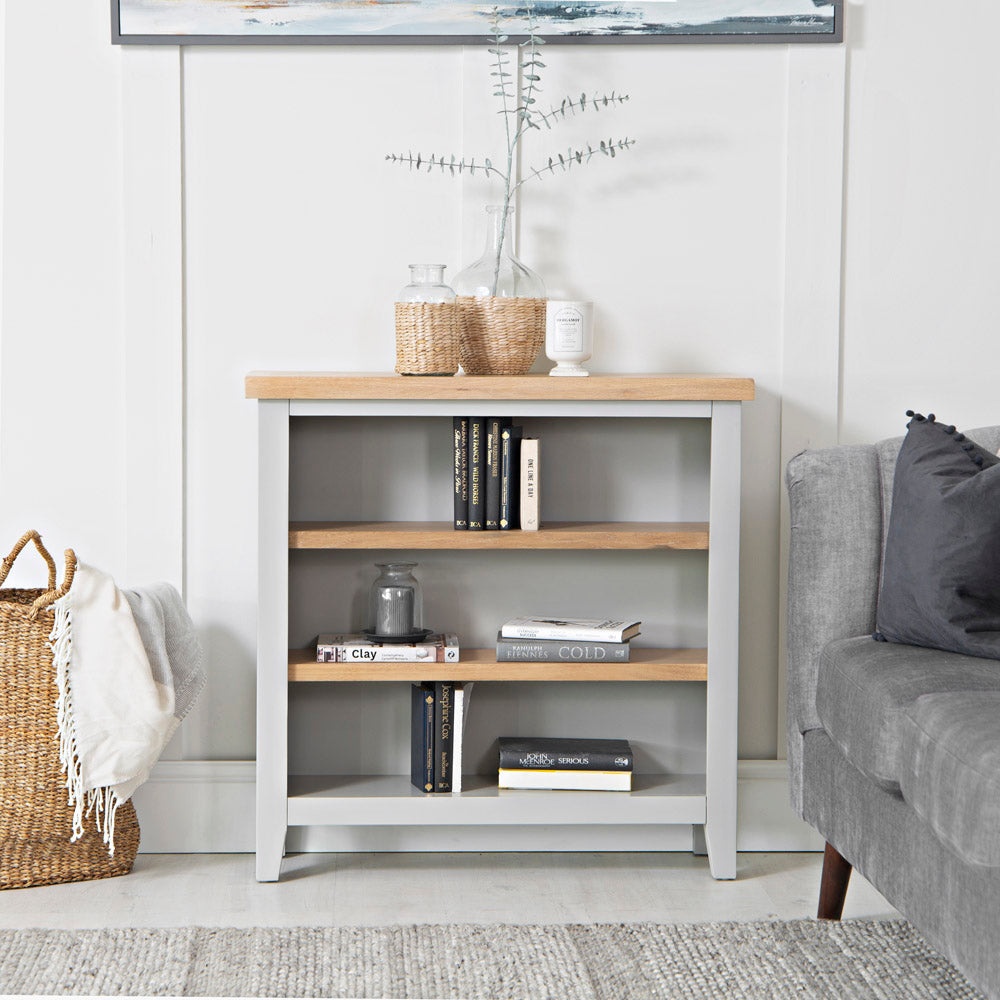 Elkin Wooden Bookcase With 3 Shelves In Oak And Grey | Furniture in Fashion