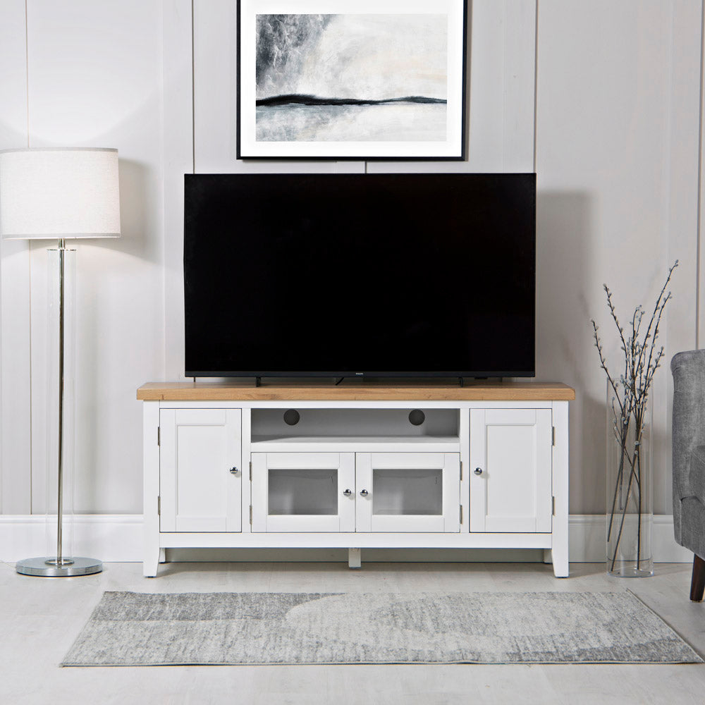 Elkin Wooden TV Stand With 4 Doors In Oak And White | Furniture in Fashion