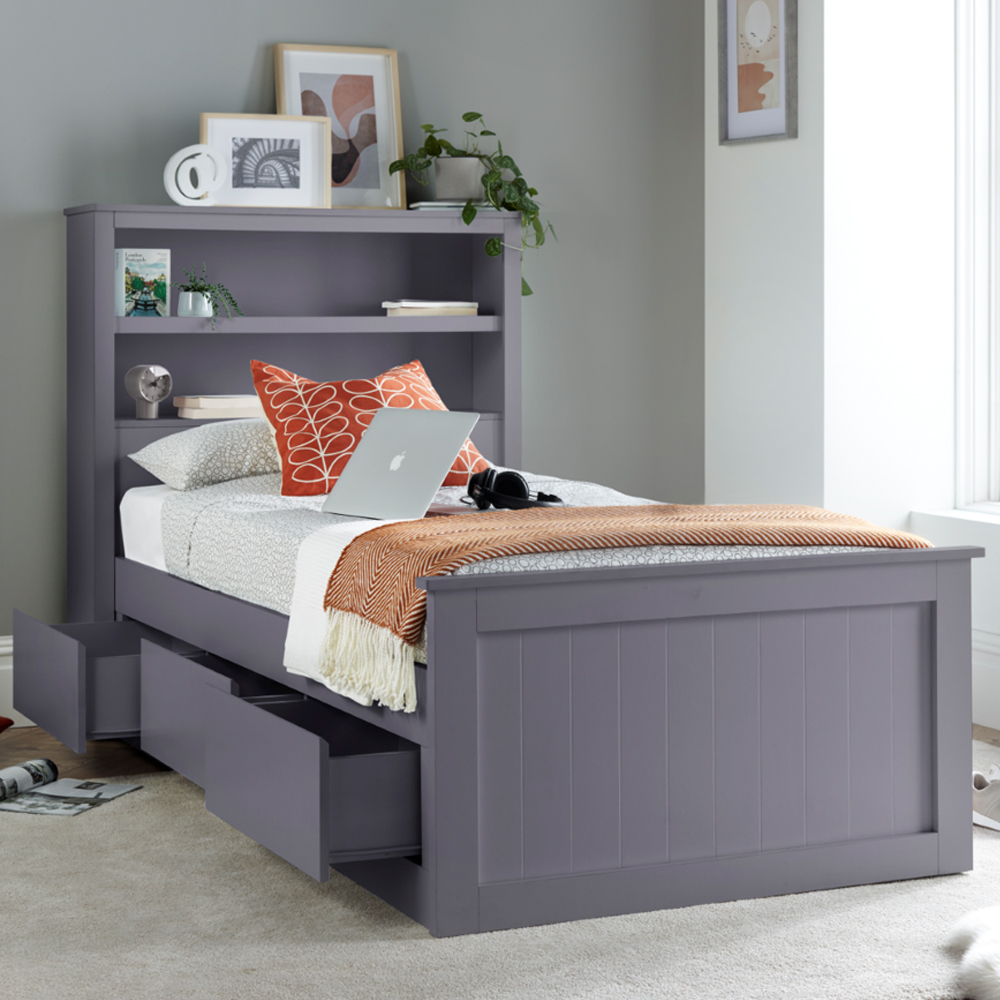 Enoch Wooden Single Bed With 3 Drawers In Grey